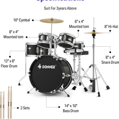 Donner 5-Piece Kid Drum Sets for Beginners, 14 inch Full Size | Reverb