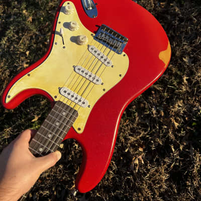 Refinished and Reliced Squier Stratocaster in red sparkle | Reverb