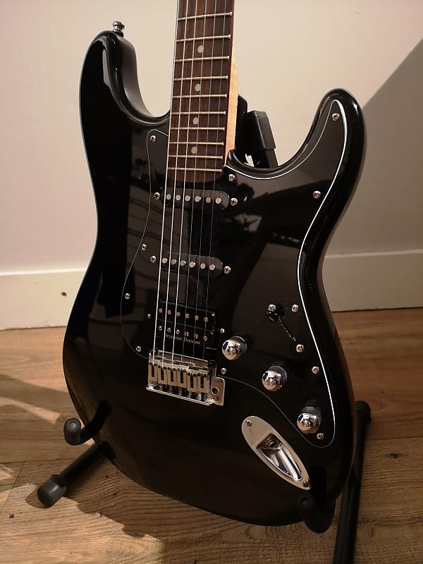 Squier Black and Black Standard Stratocaster HSS Black - | Reverb