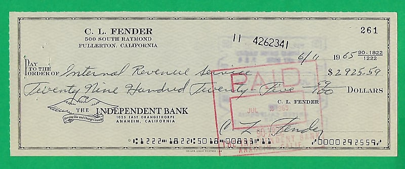 Leo Fender 1965 Autographed Signed Business Check Made | Reverb Canada