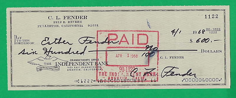 Leo Fender 1968 Autographed Signed Business Check Made Wife | Reverb