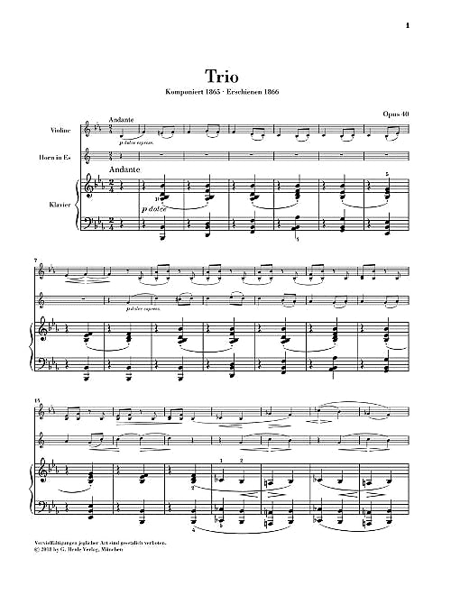 Johannes Brahms Horn Trio In E Flat Major Op 40 Piano Violin | Reverb