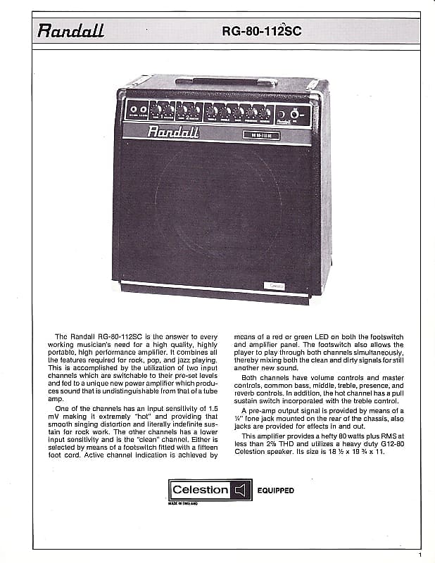 Randall RG-80-112SC, cut sheet, 80's | Reverb
