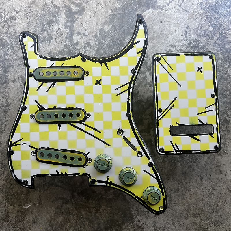 Custom Painted Yellow Checkerboard Strat SSS Plastics Kit | Reverb