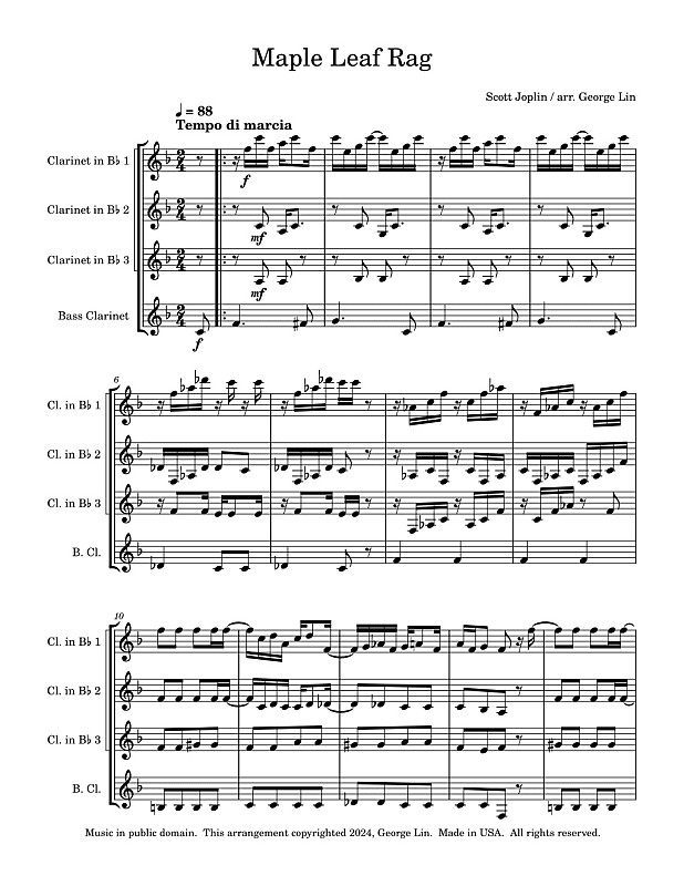 Clarinet Quartet Sheet Music: Score and Parts - Maple Leaf | Reverb