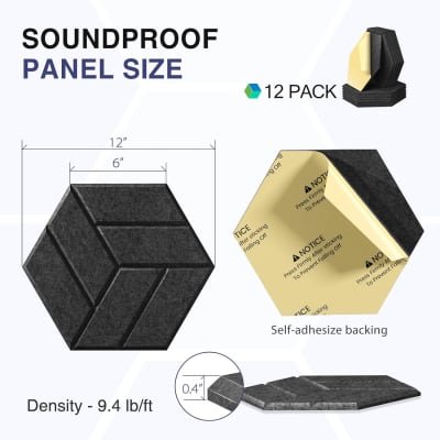 Self-Adhesive Acoustic Panels, Hexagon Pattern 12 Packs Sound | Reverb
