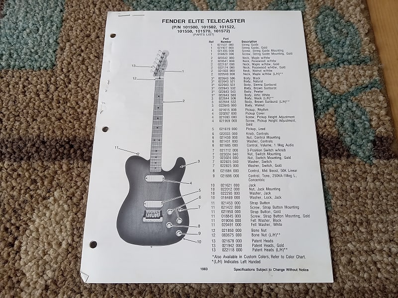Vintage 1983 Fender Elite Telecaster Replacement Parts List, | Reverb