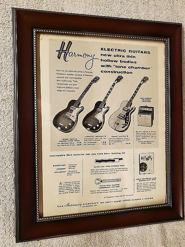 1960 Harmony Guitars Promotional Ad Framed Stratotone Mars, | Reverb