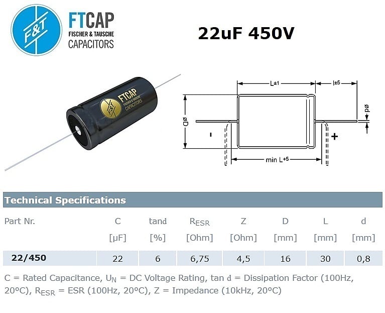 F&T 22uF 450V, axial electrolytic capacitor, A22045016030 - | Reverb