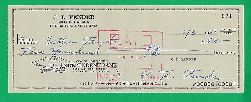 Leo Fender 1967 Autographed Signed Business Check Made Wife | Reverb