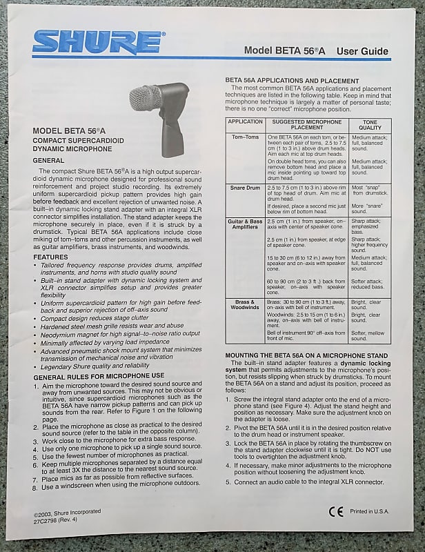 Shure Beta 56 A Microphone User Guide/Manual | Reverb