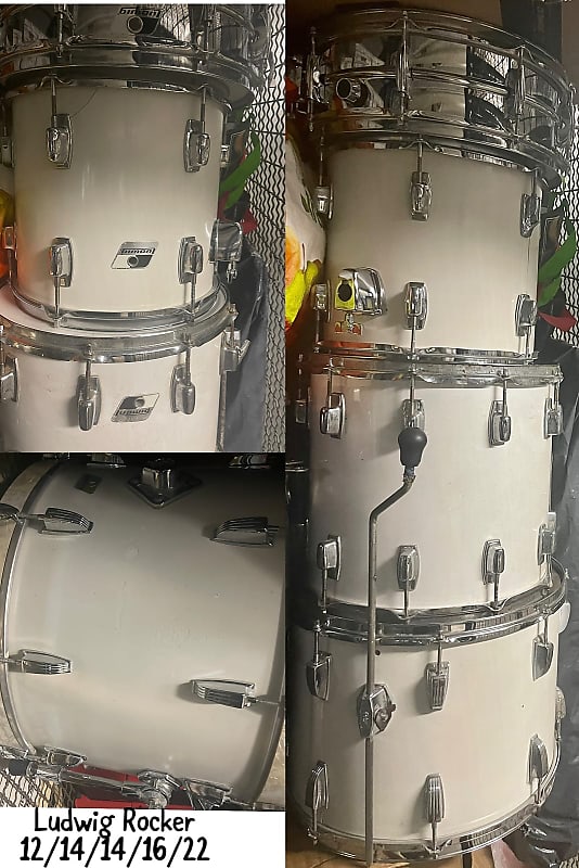Ludwig Rocker 5 piece White drum set B/W badges Bass has B/O | Reverb