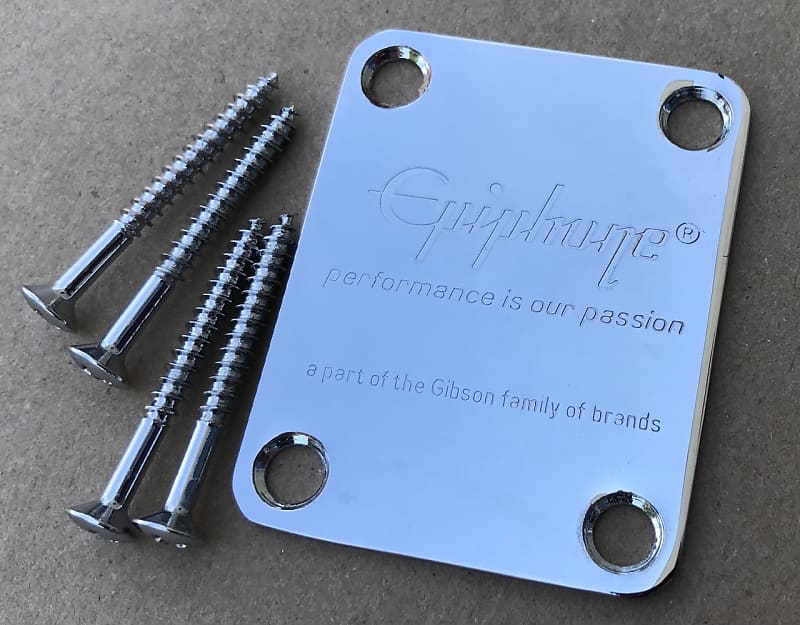 Epiphone- neck plate, chrome, with mounting screws | Reverb
