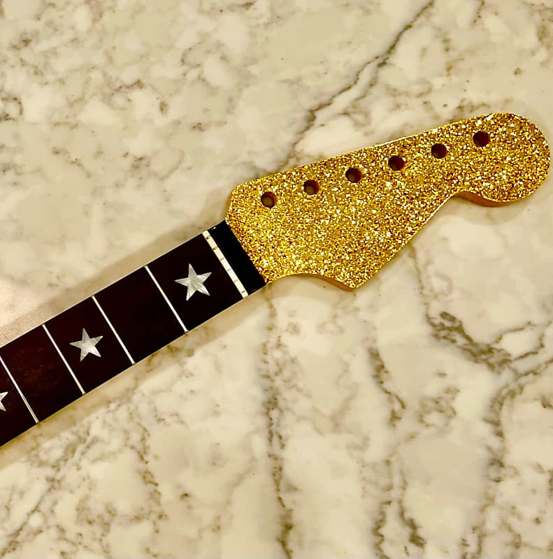 Warmoth Stratocaster Neck Star Inlays Marty Bell Gold Flake | Reverb