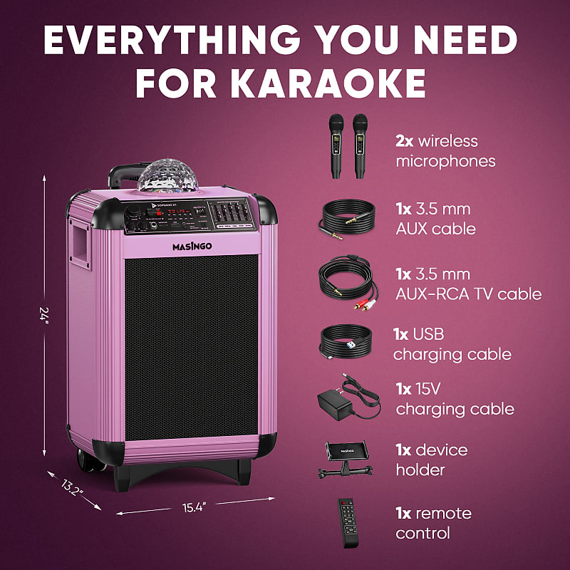 MASINGO Karaoke Machine for Adults & Kids with 2 UHF Wireless | Reverb