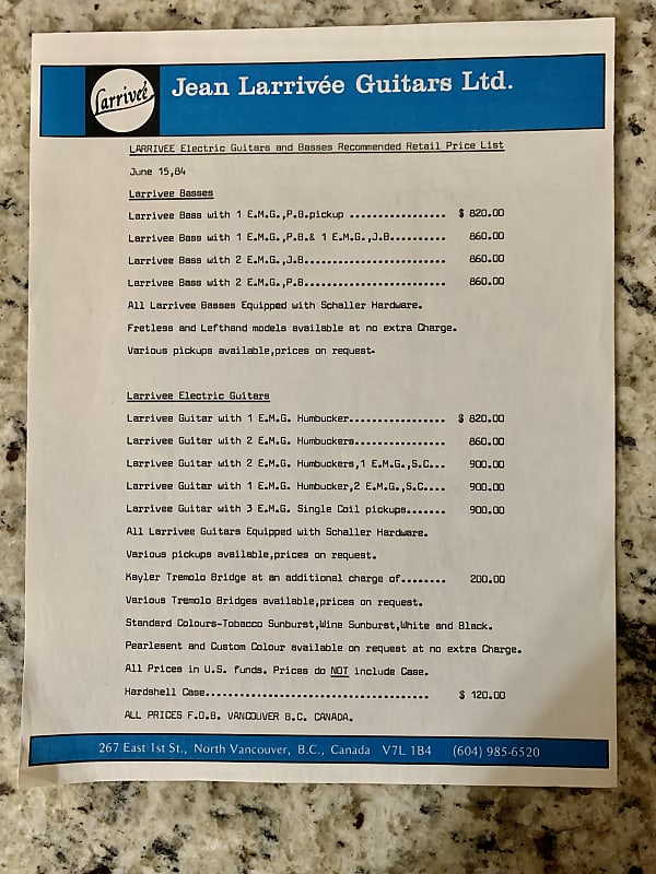 Jean Larrivee Electric Guitars Bass Price List 1984 | Reverb