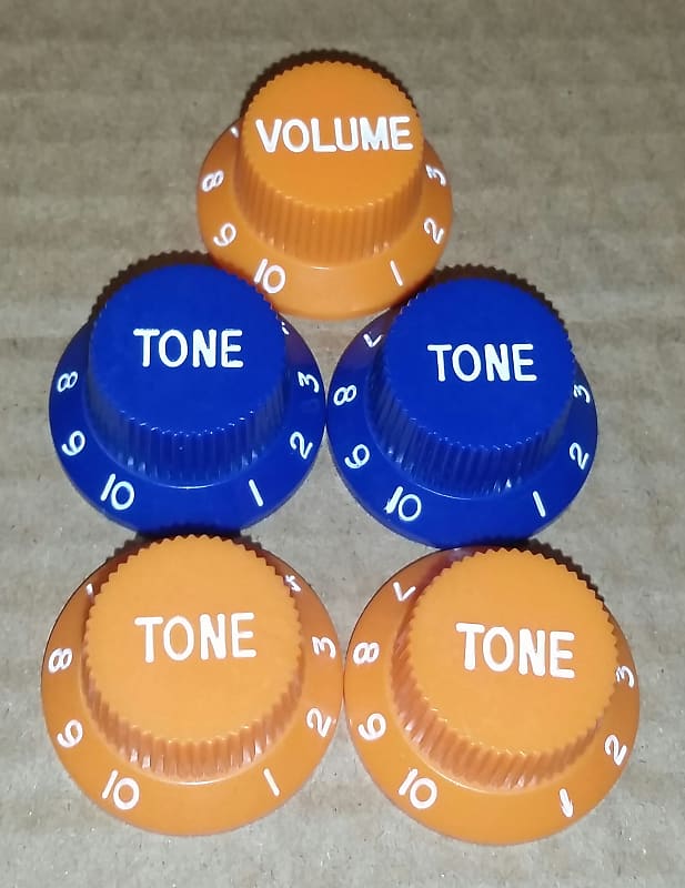 Strat Style ORANGE BLUE parchment Knob Set 1 Volume 2 Tone | Reverb