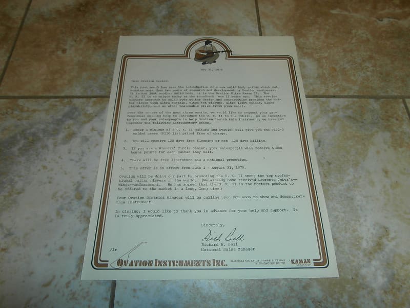Vintage 1979 Ovation UK II Guitar Dealer Introduction Letter! | Reverb