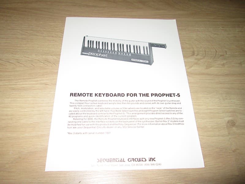 Sequential Circuits Remote Keyboard Prophet-5 Sheet– 1982 - | Reverb