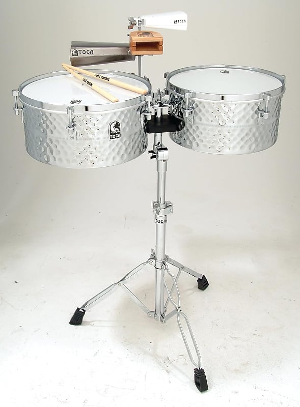 Toca ProLine Hammered Steel Timbales Drums Set w/ Stand 14" & | Reverb