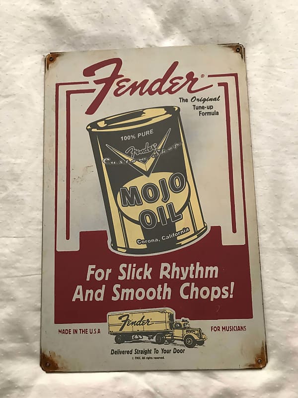 Fender 40s Inspired Vintage "Mojo Oil" metal guitar sign | Reverb