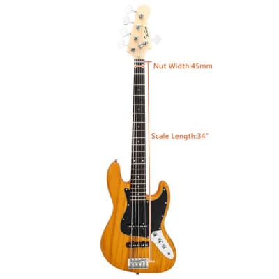 Glarry Gjazz Electric 5 String Bass Guitar Transparent Yellow | Reverb