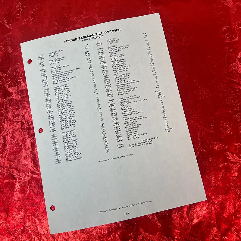 Fender Bassman Ten Amplifier 1980 Parts List + Schematic | Reverb