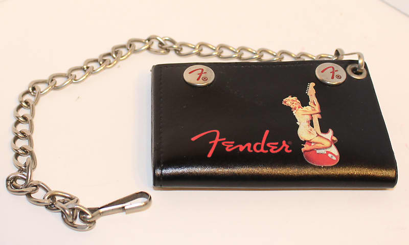 Fender Pin Up Black Leather Tri Fold Wallet with Chain | Reverb