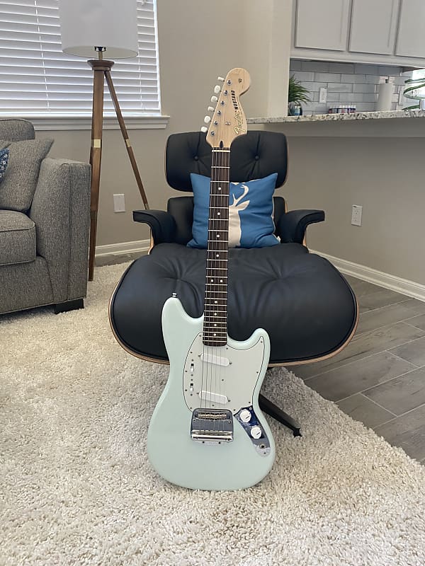 Partscaster Mustang Sonic Blue with Flame Maple Neck | Reverb