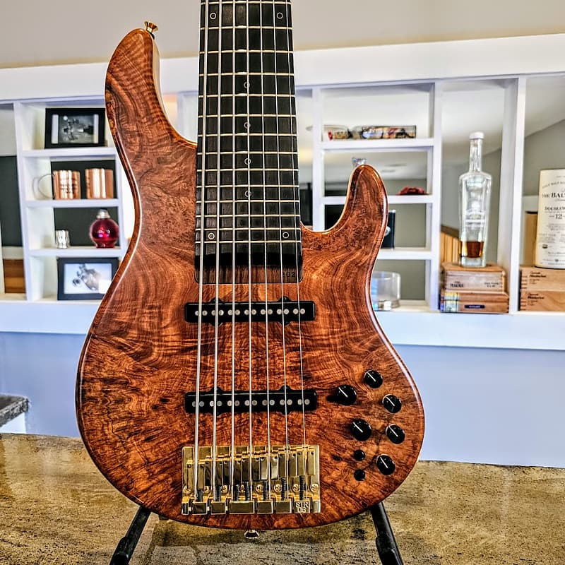 STR LS-748 Burl top, Flame Maple/Walnut Neck, 7-string Bass | Reverb