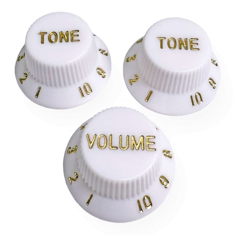 AxLabs Strat-Style Lefty Knob Kit (3) - White w/ Gold Font | Reverb