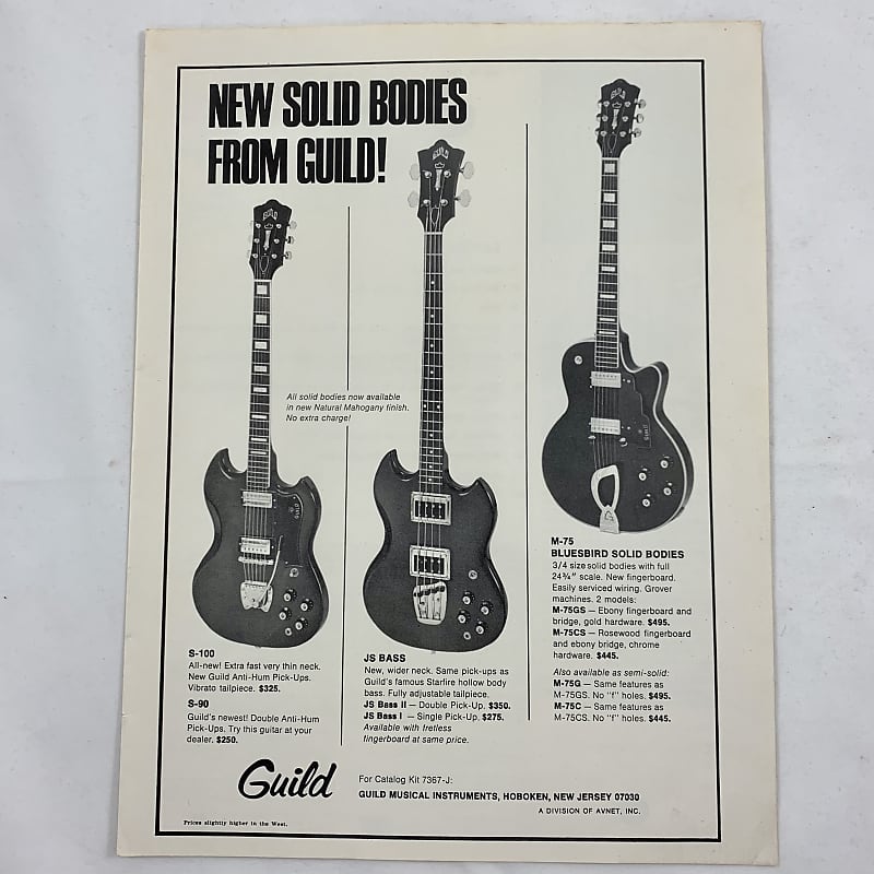 1971 Guild M-75 Bluesbird, S-90, S-100, JS Bass II Vintage Ad | Reverb