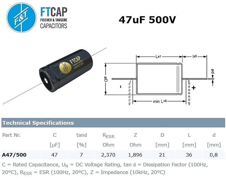 F&T 47uF 500V, axial electrolytic capacitor, A47050021036 | Reverb UK
