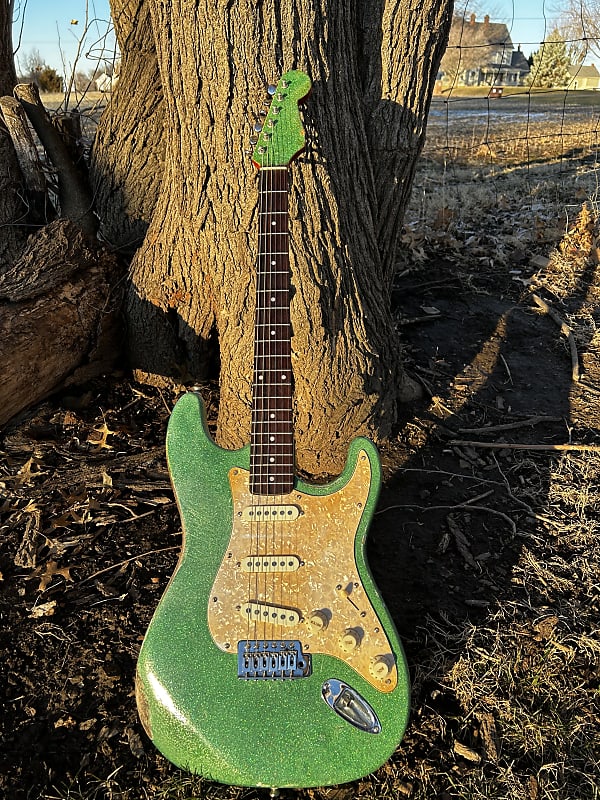 Squier Stratocaster - Refinished in Heavy Relic Green Sparkle | Reverb