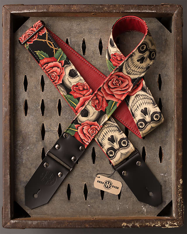 Hang Over Guitar Straps Skulls and Roses Black on Red Strap | Reverb