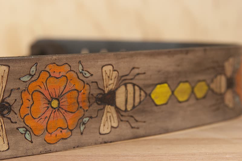 Leather Guitar Strap - Bee Line Pattern with bees and flowers | Reverb