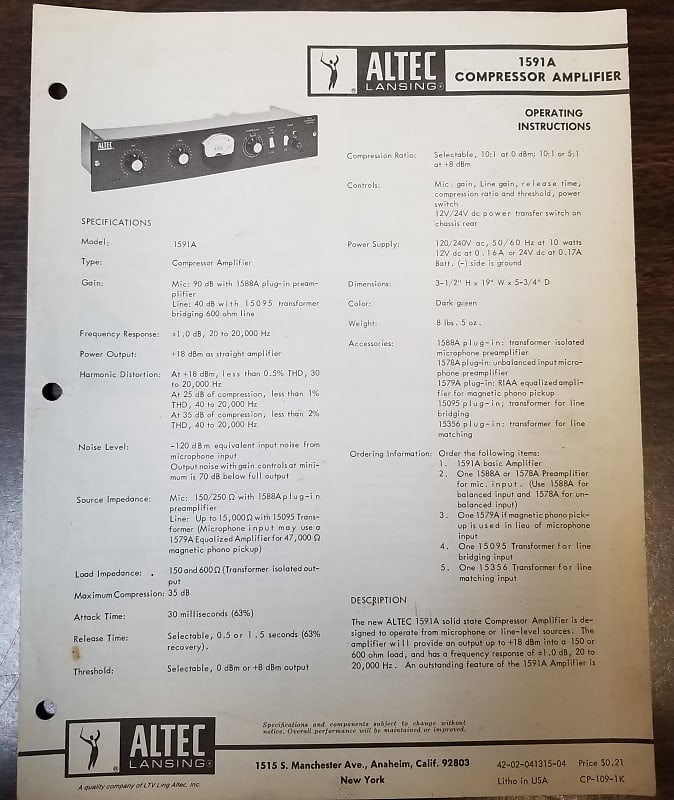 Altec 1591A original manual 1967 | Reverb