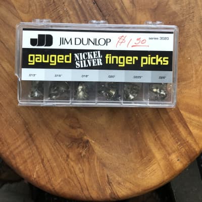 Jim Dunlop nickel silver finger & thumb picks + display case, | Reverb