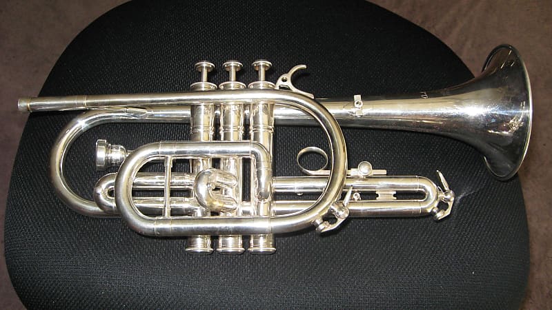 ANTIONE COURTOIS LONG BELL CORNET 60's-80's SILVER PLATE | Reverb