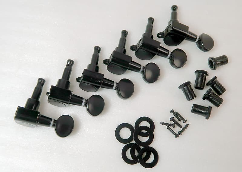 Tuner Set 6 In Line Mini Button Black Die Cast Sealed Back | Reverb