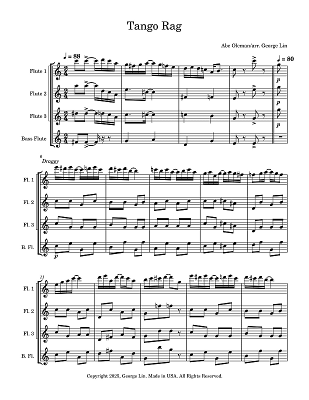 Flute Quartet Sheet Music - Tango Rag (Abe Oleman). Sheet | Reverb