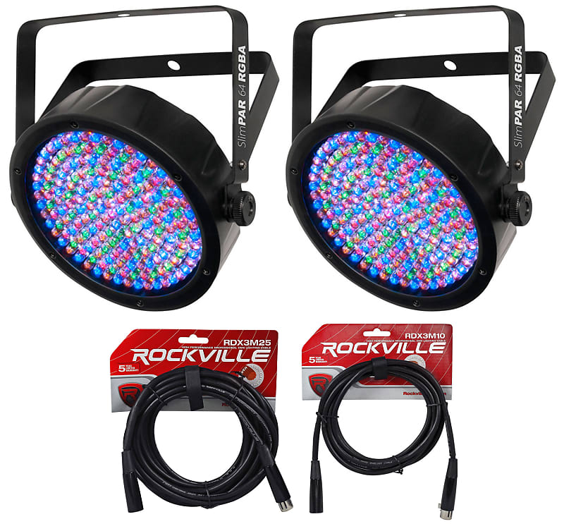(2) Chauvet SlimPAR 64 RGBA Compact DMX Wash Lights+25 Ft + | Reverb