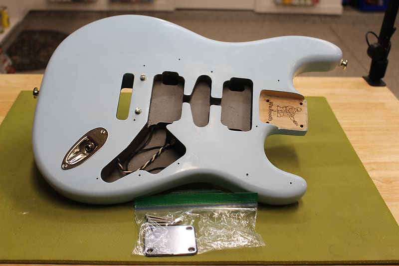 Warmoth Stratocaster Body, Satin Sky Blue, Floyd Upgrade Claw | Reverb