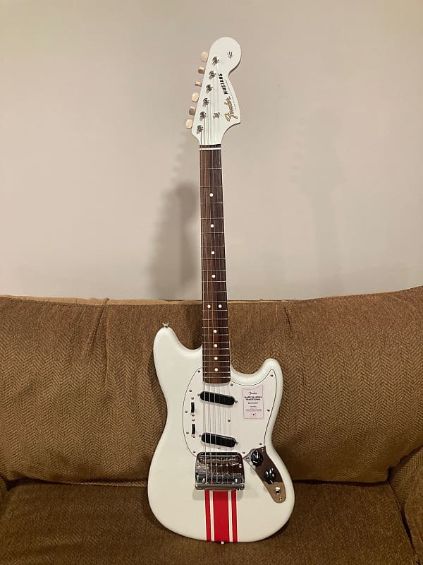 2023 MIJ Fender Mustang - White with Racing Stripes | Reverb