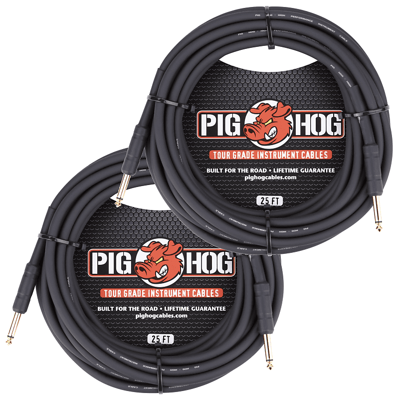 2 Pack Pig Hog Black 25ft 1/4" Guitar Instrument Cable Mono | Reverb