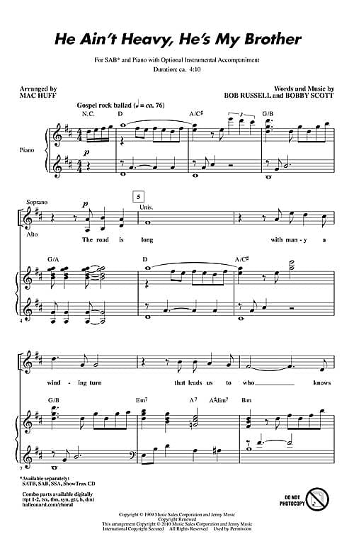 He Aint Heavy Hes My Brother Sab Pop Choral Series Bob | Reverb