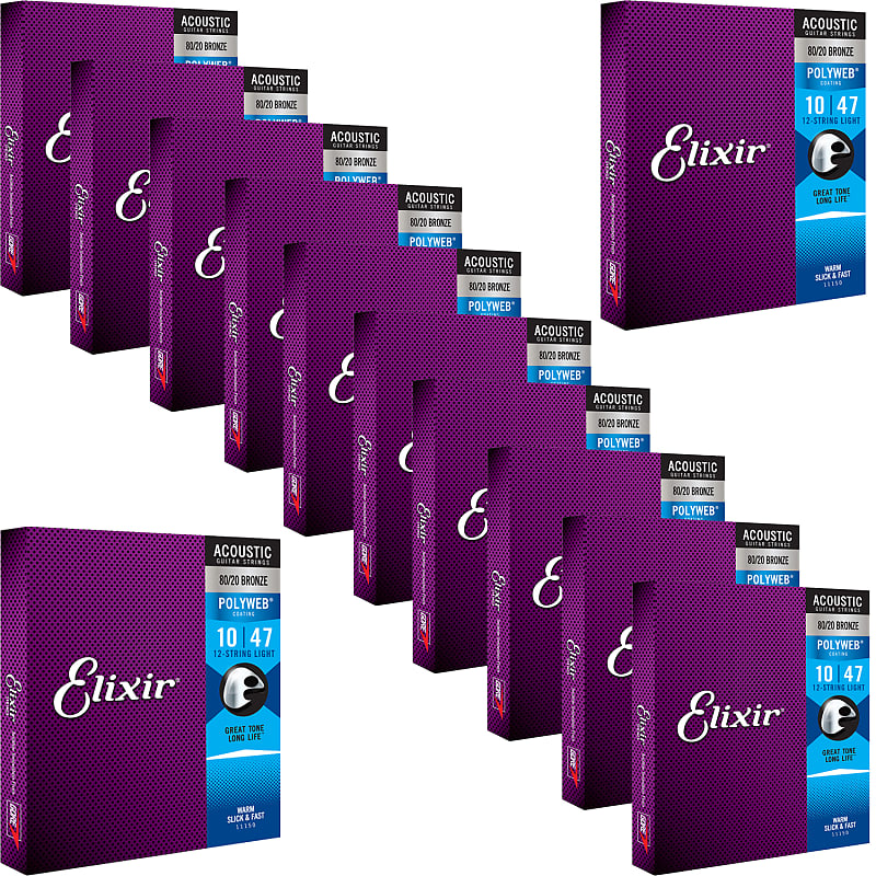 12 Sets of Elixir 11150 12-String 80/20 Bronze POLYWEB Light | Reverb