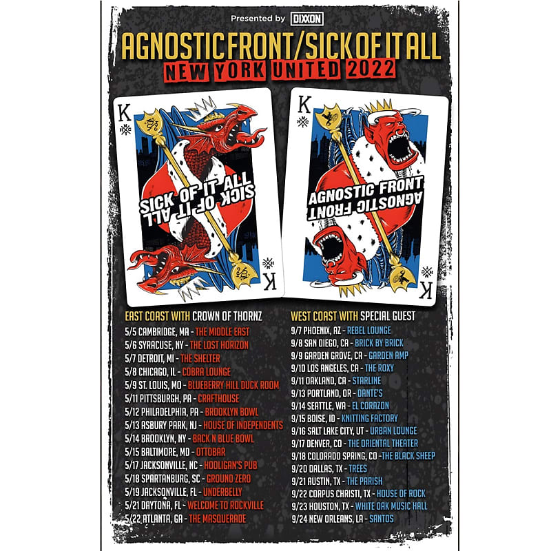 AGNOSTIC FRONT | SICK OF IT ALL Tour 2022 Ltd Ed RARE Poster! | Reverb