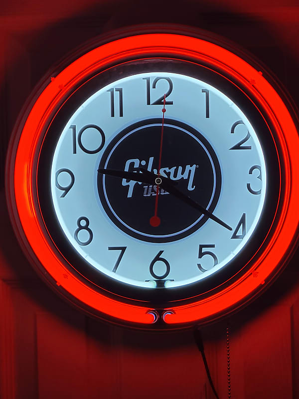 80's Gibson Guitars Double Neon Red/White Wall Clock Killer | Reverb