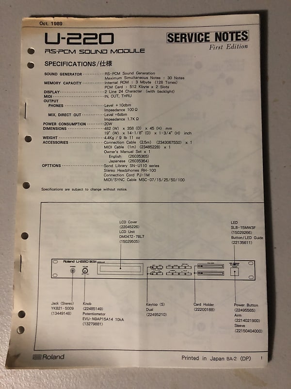 Roland U-220 RS-PCM Sound Module Service Notes | Reverb Canada